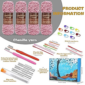 Yizzvb 4 * 3.35oz/100g Chenille Yarn, Velvet Yarn, Chenille Yarn for Crocheting, Blanket Yarn with Big Eye Needles, Stitch Markers, Soft Chenille Yarn for Crocheting Weaving Craft Blankets (Pink)