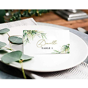 Wedding Place Cards Table, 50 Pack, 2 x 3.5 inch, Gold & Greenery Place Cards for Weddings, Premium Eucalyptus Wedding Name Place Cards for Table Setting, Easy Folding Matte Finish Placecards Wedding