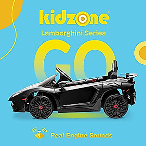 Kidzone Kids Electric Ride On 12V Licensed Lamborghini Aventador Battery Powered Sports Car Toy with 2 Speeds, Parent Control, Sound System, LED Headlights & Hydraulic Doors - Black