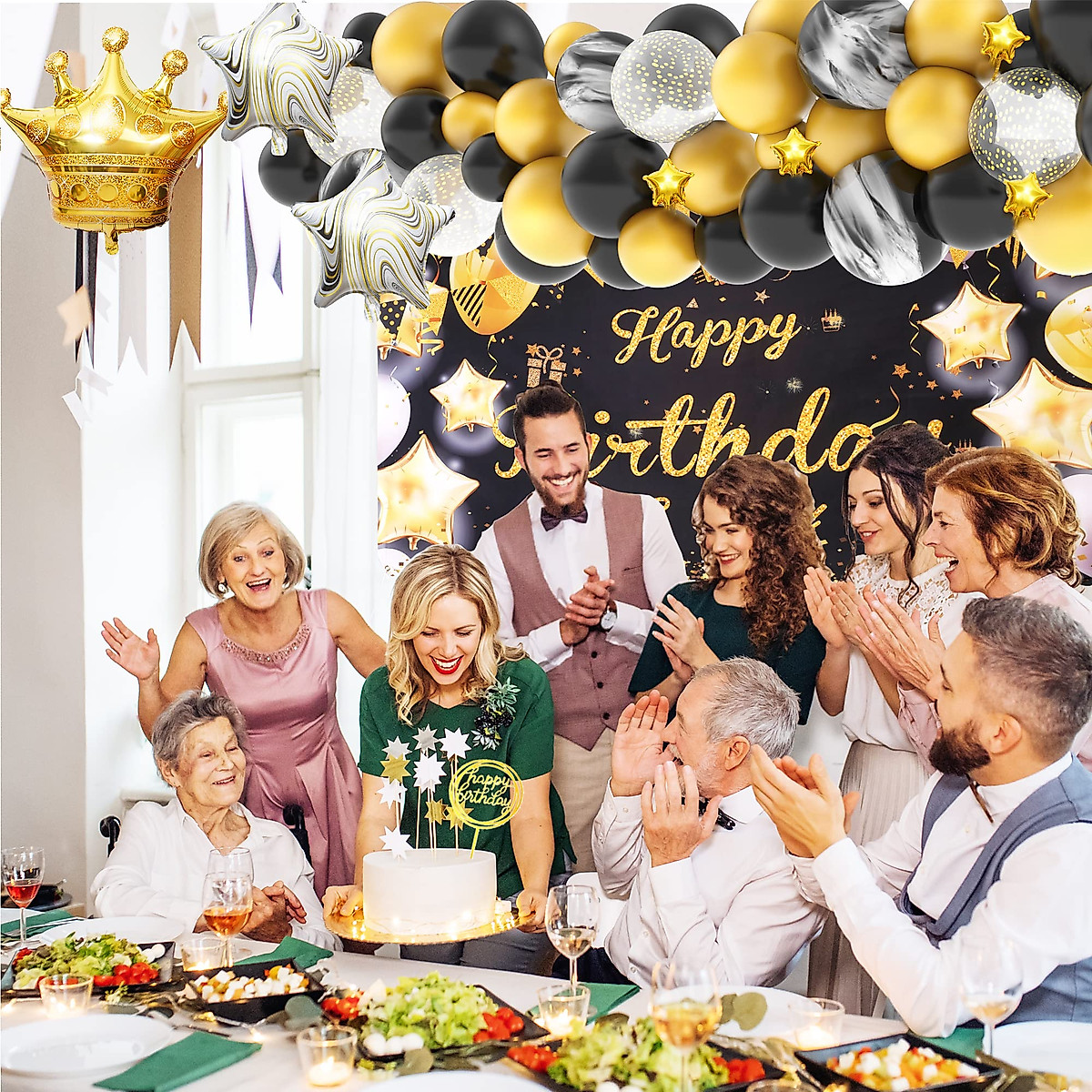 KATBUU Gold and Black Birthday Decorations - with Happy Birthday Banner, Gold and Black Balloons Arch Garland for Mens Women Girls Sweet 16th 21st 30th 40th 50th Birthday Party Decor Supplies