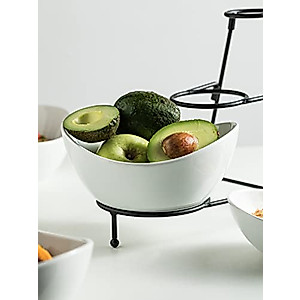 Miamolo Triple Ceramic Serving Bowl Set with Stand - White Serving Tiered Stand,Set of 3 Oval Bowl Set Perfect for Table Decoration Set Party Chip Rack Display Salad Bar Serving Set - Black Stand