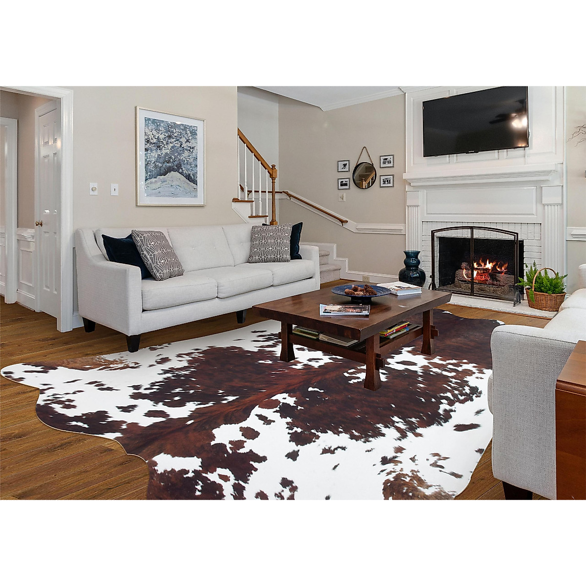 coffinsea Faux Cowhide Rug 5.2x4.6 ft Area Rugs Cow Hide Area Rugs Carpet Western Rugs for Bedroom Living Room Dining Room Decor Animal Print Rugs Cow Rug for Western Home Decor Fur Rug Carpets