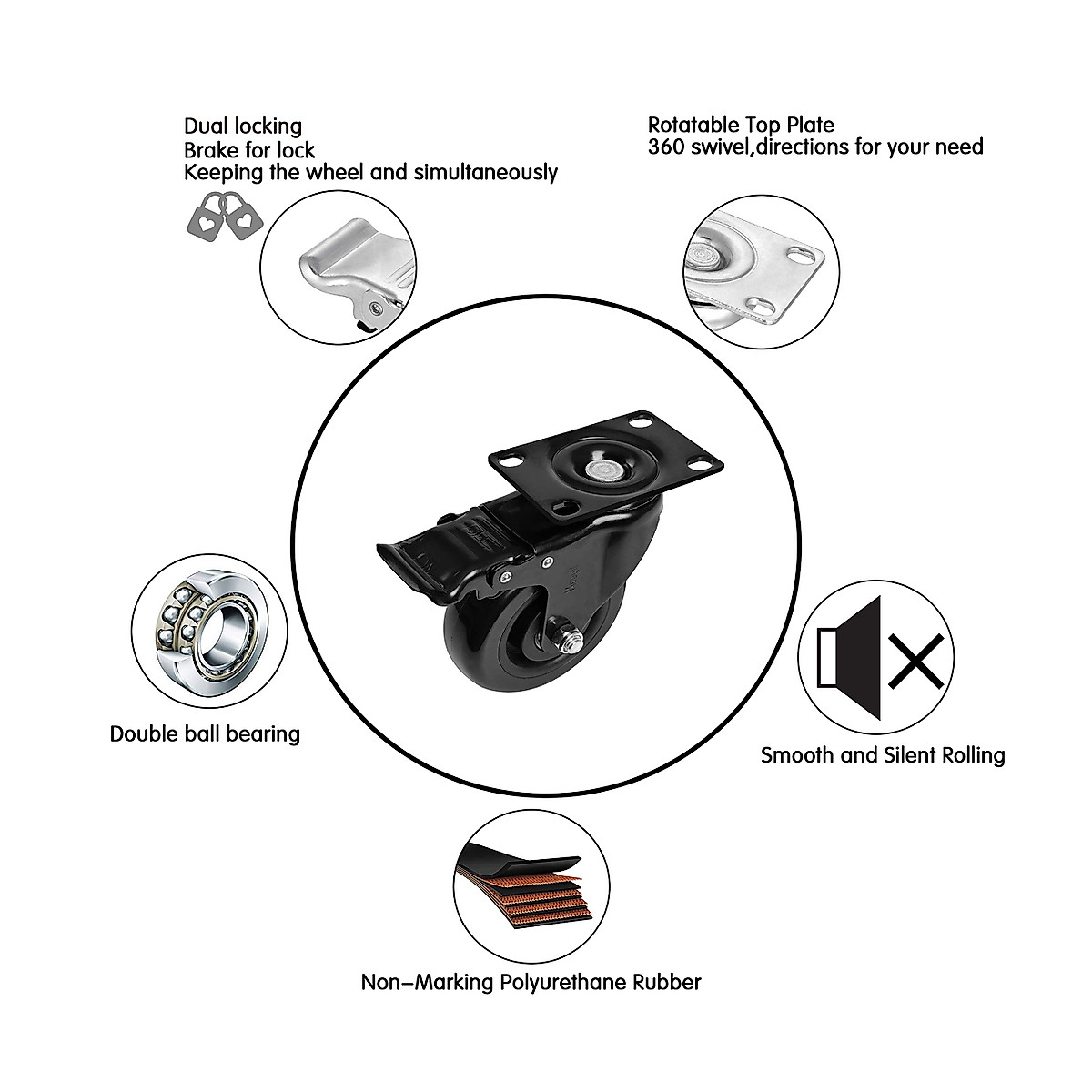 Moogiitools 4" Swivel Rubber Caster Wheels with Safety Dual Locking Heavy Duty 1800lbs Casters Set of 4 Black (All with Brake)