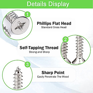 M4 Flat Head Self Tapping Wood Screws Assortment Fasteners Kit 356Pcs,Phillips Drive Countersunk Head Screws,304 Stainless Steel DIY and Joinery Drywall Screws Set,Contains 36Pcs M6 Screw Anchors