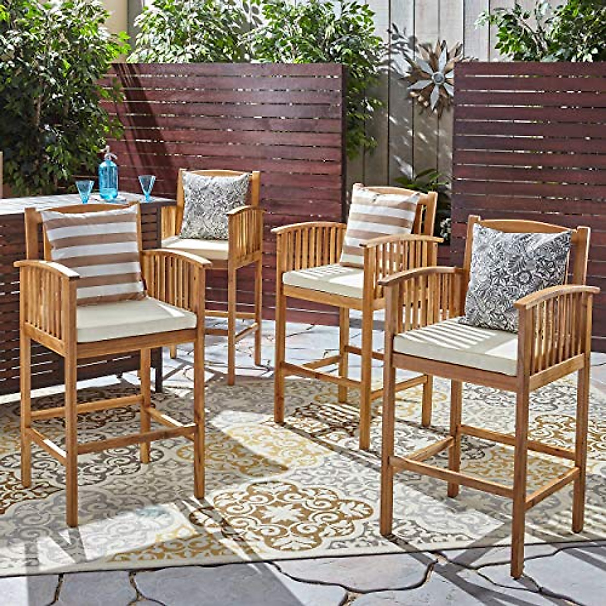 Christopher Knight Home Gill Acacia Patio Bar Stools, 46", Bar-Height, Acacia Wood, Natural Stain with Cream Cushions (Set of 4)