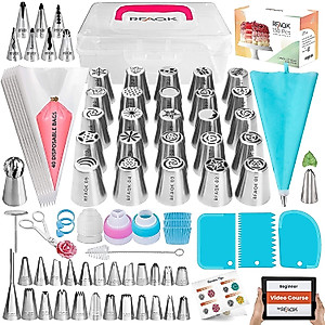 RFAQK 150PCs Russian Piping Tips Complete Set - Cookie Cupcake Cake Decorating Kit includes Numbered Piping Tips (24 Icing Tips+25 Russian Tips+7 Ruffle Tips+Ball Tip+41 Pastry Bags+EBook+Booklet)