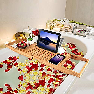 Bathtub Tray Bamboo Bathtub Caddy Tray with Extending Sides Adjustable Book Holder with Premium Luxury Tray Organizer for Phone and Wineglass (Wooden)