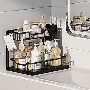 XILIDIA Under Sink Organizer, 2-Tier Metal Under Sink Organizers and Storage for Kitchen Bathroom Cabinet,2 Tier Spice Rack,Rustproof Pull Out Cabinet Organizer for Storage