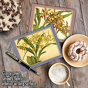 The Best Card Company - 10 Boxed Note Cards with Flowers - Blank Assorted Floral Notecards Bulk (4 x 5.12 Inch) - Tiger Orchids M10037BK