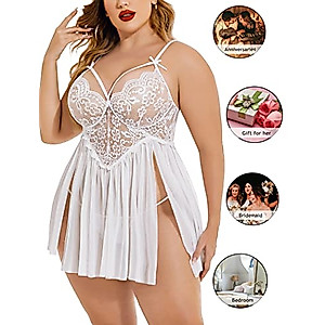 Avidlove Sexy Plus Size Lingerie for Women Lace Babydoll Chemise V Neck Sleepwear Mesh Nightwear Side Slit Nightie White