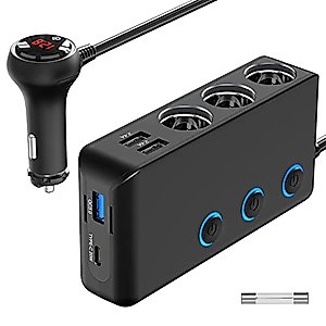 Car Charger Splitter 200W, Qidoe 3 Socket Cigarette Lighter Adapter with PD20W USB-C & QC3.0 Multi USB Car Charger 12V/24V DC Outlet Cigarette Splitter Power Switches Voltmeter for GPS Dash Cam Phone