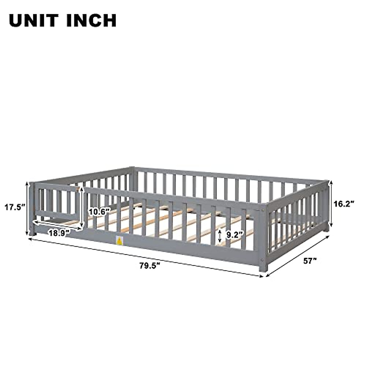 LLS Full Floor Bed for Children, Durable Montessori Floor Bed with Wood Slats, Safety Fence & Small Door, Wood Floor Bed Frame for Girls Boys and Children, Gray (with Bed Slats)