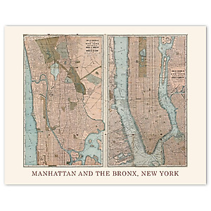 Vintage New York Manhattan Bronx Map Replica Prints, 1 (11x14) Unframed Photos, Wall Art Decor Gifts for Home Geography Office Travel Studio Library Garage School College Student Teacher Coach Fans