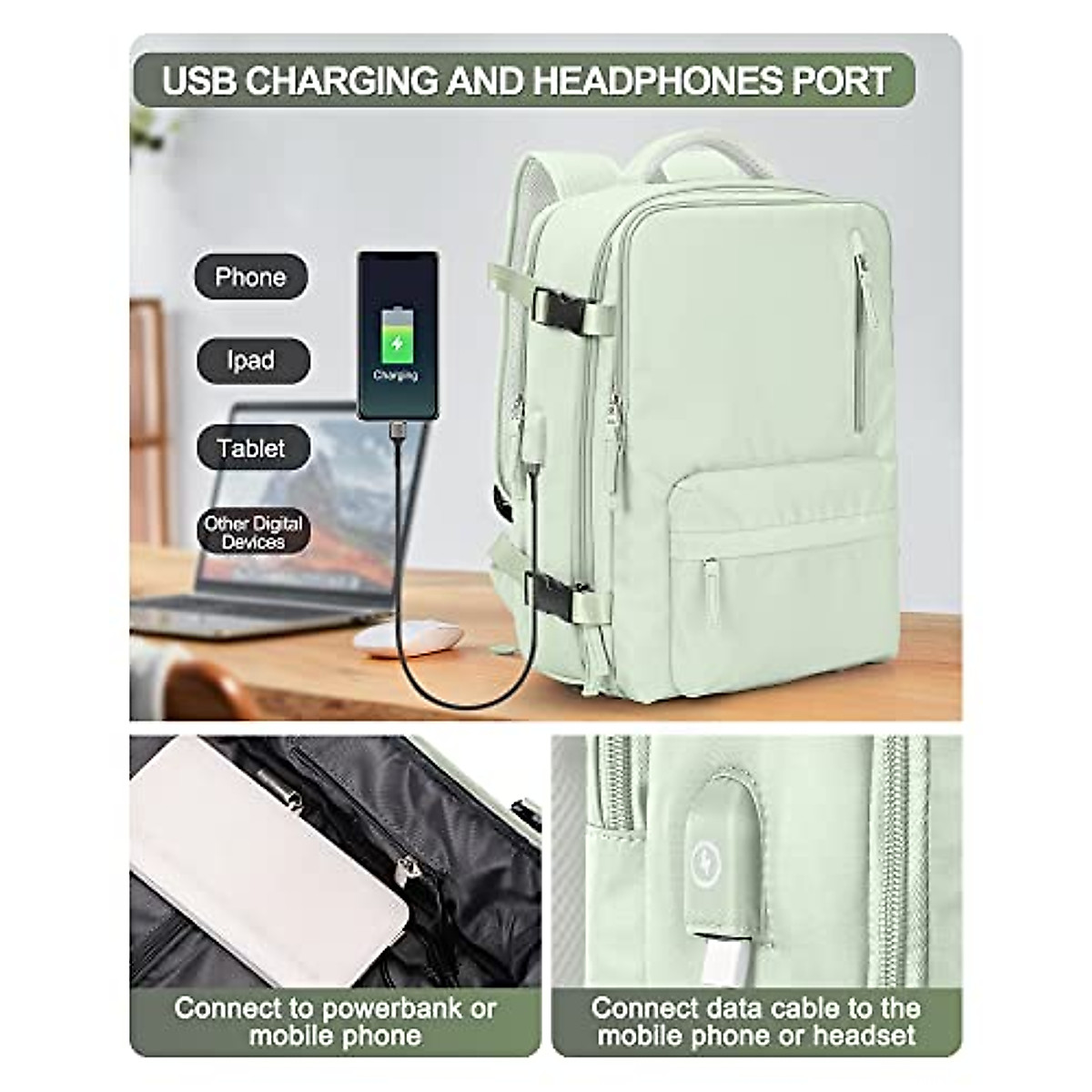 VGCUB Large Travel Backpack,Carry on Backpack for Women Men Airline Approved Gym Backpack Waterproof Business Laptop Daypack,Green With Toiletry Bag