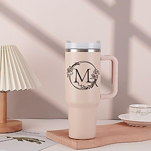 AMZUShome Personalized 40oz Tumbler Cup with Initials.Cup with Letter M 40oz Tumbler with Handle.Custom Tumbler Cup with Letter.Initial Monogram Tumbler Mug Gifts for Women Birthday Christmas.