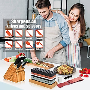 Knife Sharpening Stone Set, HMPLL Whetstone Knife Sharpener Stone Set 4 Side Grit 400/1000 3000/8000, Professional Include Non-Slip Bamboo Base, Leather Strop, Flattening Stone & Angle Guide