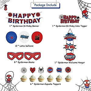 CrzPai Spiderman Birthday Party Decorations Superhero Themed Party Supplies Favors With Banner, Welcome Hanger, Toy Masks, Cake Toppers and Latex Balloons