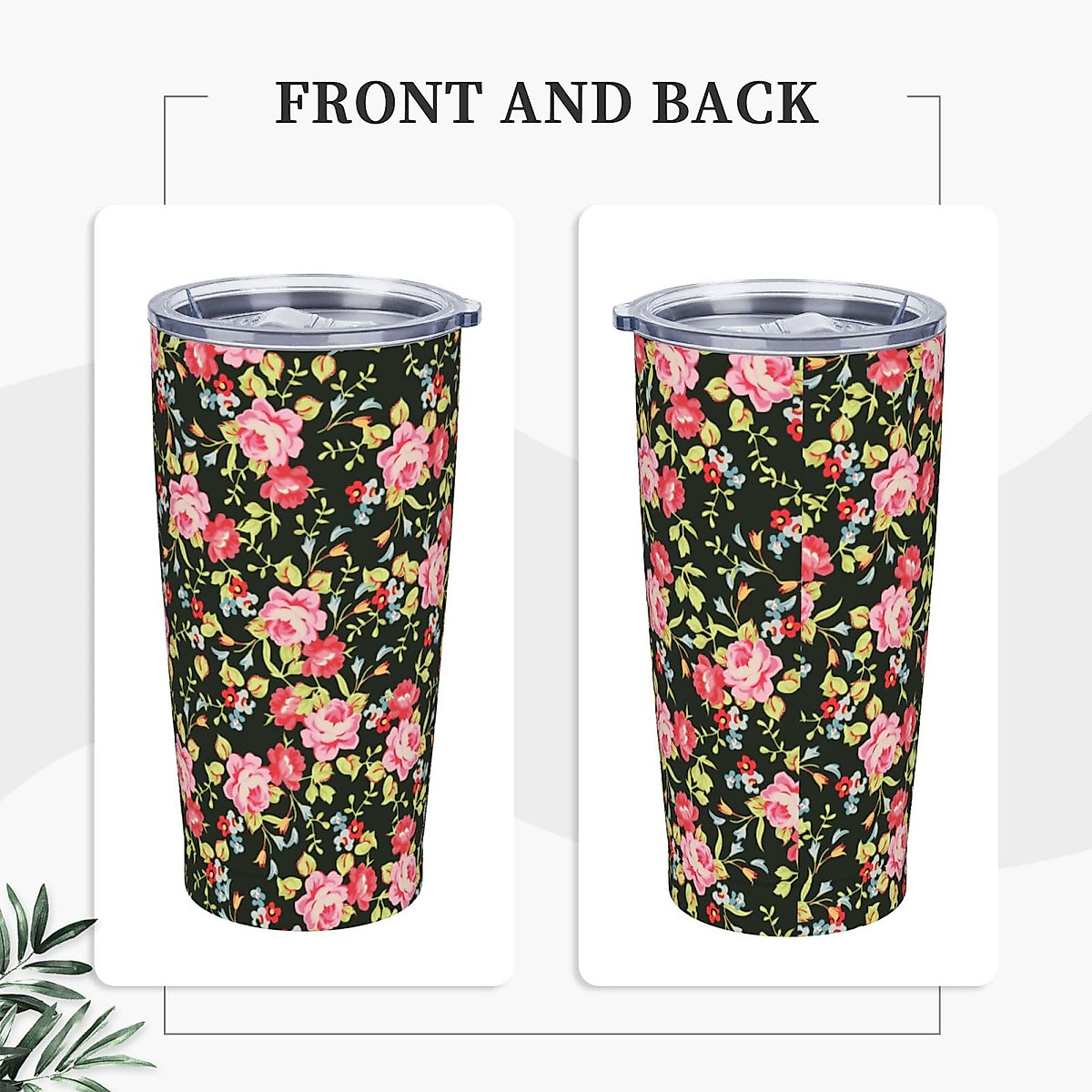 Yaxongx 20oz Tumbler Rose Flower Printing Double Wall Vacuum Insulated Coffee Mug with Lid and Metal Straw Brush Reusable Stainless Steel Water Bottle Travel Cup Gifts for Car Ice Drinks Hot Beverage