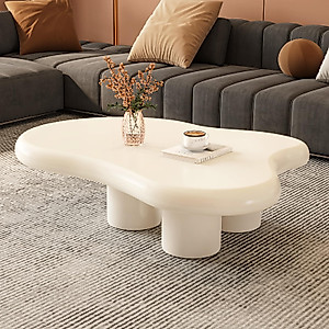 QEZEOM Cloud Coffee Table,Unique Wavy Design, Irregular Shape Living Room Coffee Table, Modern Aesthetic Cute Funky Indoor Center Table for Living Room Bedroom, 46.06in, Cream White
