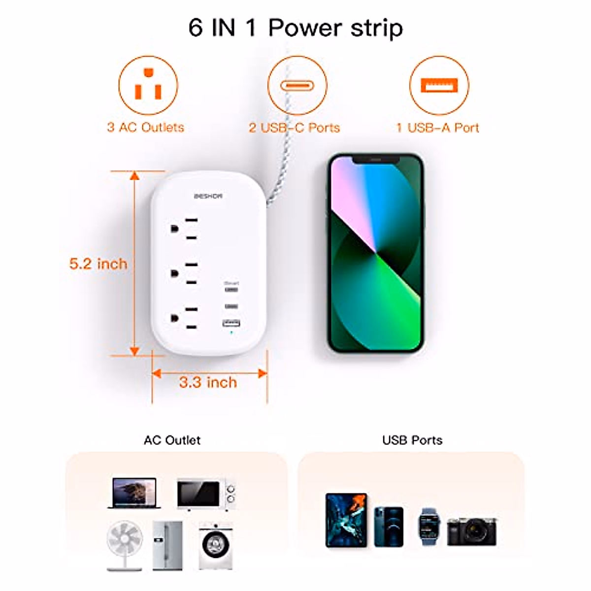 Flat Plug Power Strip, USB C Travel Power Strip Ultra Flat Extension Cord - 3 Outlets with 3 USB Ports(2 USB C), 3.2ft Wrapped Around Extension Cord for Cruise Ship, Travel, Dorm Room Essentials