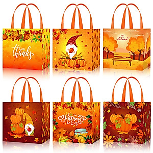HOWAF 12Pcs Happy Thanksgiving Non-Woven Bags, Thanksgiving Party Favor Bags with Handle, Give Thanks Maple Leaves Pumpkin Treat Bags, Fall Themed Candy Goodie Bags for Thanksgiving Day Supplies