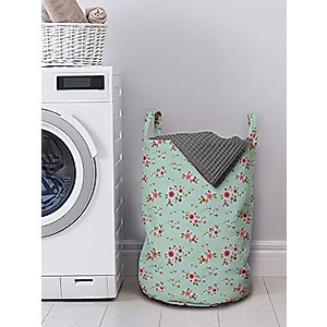 Lunarable Floral Laundry Bag, Vintage Blooming Flower Bouquets Botanical Beauty Romantic Art Pattern, Hamper Basket with Handles Drawstring Closure for Laundromats, 13" x 19", Grey Green and Pale Pink