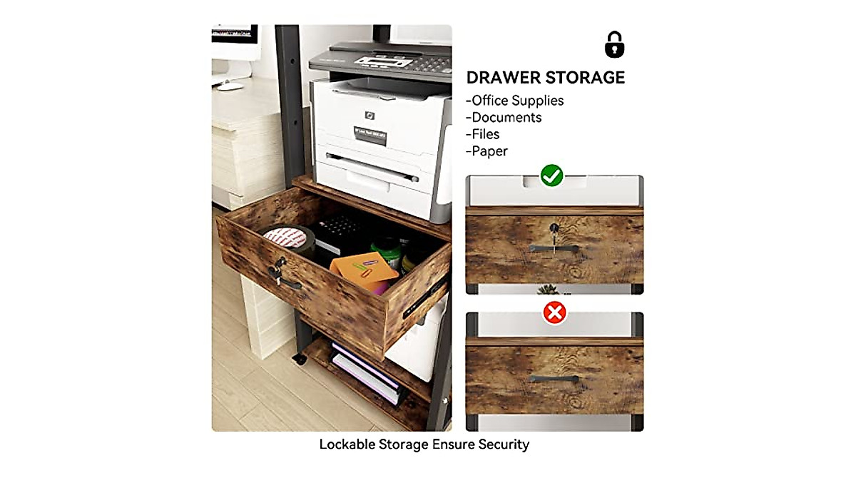 Natwind 4-Tier Mobile Printer Stand with Lockable Drawer | Retro Style