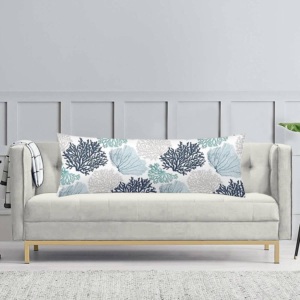 Beach Theme Body Pillow Cover,Nautical Blue Coral Ocean Marine Coastal,Long Pillow Case Protector with Zipper Decorative Soft Rectangle Bed Pillowcases for Bedroom,Couch,Home Gifts 20"x54",Teal Blue