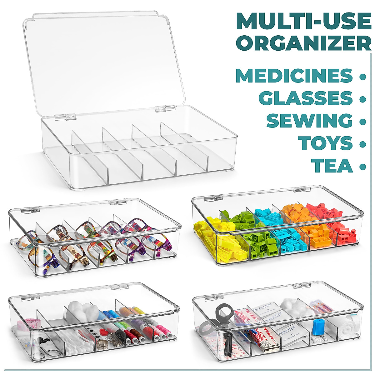 Sorbus Sunglasses Organizer - Plastic Stackable Eyeglass Case Storage Organizer for Multiple Glasses - Reading Glasses, Sunglass Holder with Hinged Lid for Eyewear Display Includes 5 Sections (3 Pack)