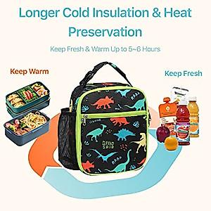Bagseri Kids Lunch Box, Insulated Lunch Box Bag for Boys, Portable Reusable Toddler Lunch Cooler Bag for School, Water-resistant Lining（Black & Dinosaur）