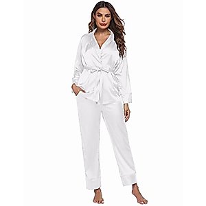 Ekouaer Womens Satin Pajamas Set Long Sleeve Lounge Set V Neck Nightwear 2 Piece Silk Sleepwear White