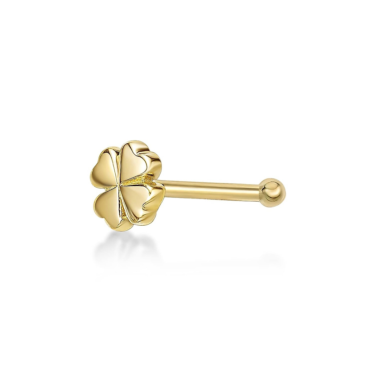 Lavari Jewelers 20 Gauge Straight Bone Four Leaf Clover Nose Stud for Women - 14k Yellow Gold Nose Ring - Unisex Stud Hypoallergenic Nostril Piercing Jewelry - 20G Body Piercing for Men