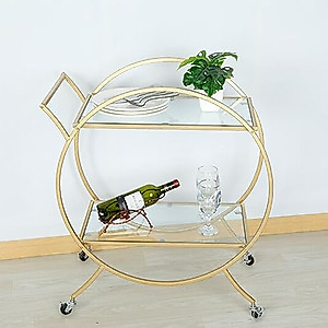 VLOBAOM Round Serving Bar Cart with Lockable Wheelss, Golden Dining Car Trolley, Standing Shelf Units, Flower Stand Display Rack,27''Dx15''Wx29''H, Mirror Glass