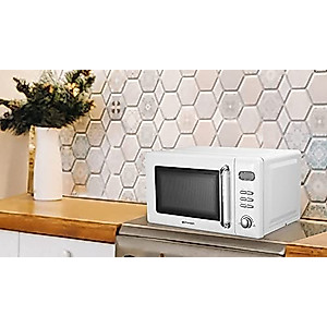 Emerson MWR7020W Compact Countertop Microwave Oven with Button Control, LED Display, 700W 5 Power Levels, 8 Auto Menus, Glass Turntable and Child Safe Lock, 0.7, Retro White