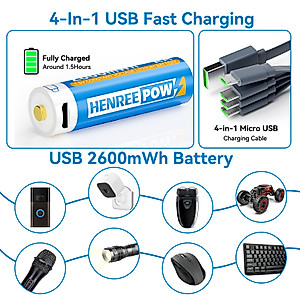 Henreepow 1.5V AA Lithium Rechargeable Batteries, High Capacity 2600mWh(1700mAh) Double A Lithium ion Rechargeable Battery, 1200 Cycles with 4 in 1 USB Charging Cable (4 Pack with Storage Box)