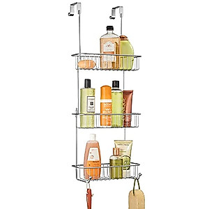 mDesign Metal Over Shower Door Caddy, Hanging Bathroom Storage Organizer Center with Built-In Hooks and Baskets on 3 Levels for Shampoo, Body Wash, Loofahs - Chrome