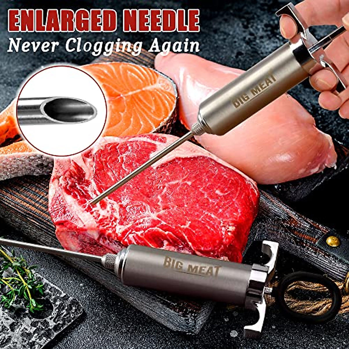 Big Meat Injectors For Smoking - Stainless Steel Meat Injector Syringe Starter Kit, 2oz Marinade Injector Gift Set with 3 Needles, Food Thermometer & Basting Brush - Food Injector