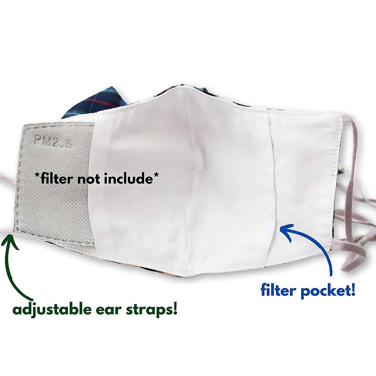 HOPE LOVE SHINE Cotton Face Masks with Adjustable Ear Loops and Filter Pocket for Adult Men and Women - Reusable, Breathable, and Washable - Green Plaid, Beige Plaid, Black, and Navy - 4 Pack