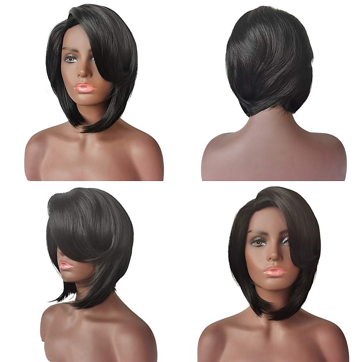 SCENTW Short Cut Bob Synthetic Wigs for Women Heat Resistant Costume African American Wigs with Side Bangs Natural Black Full Wigs Look Real (8764 BLACK)