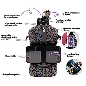 H2O Capsule 2.2L Half Gallon Water Bottle with Storage Sleeve and Covered Straw Lid – BPA Free Large Reusable Drink Container with Handle - Big Sports Jug, 2.2 Liter (74 Ounce) Cheetah Reflex