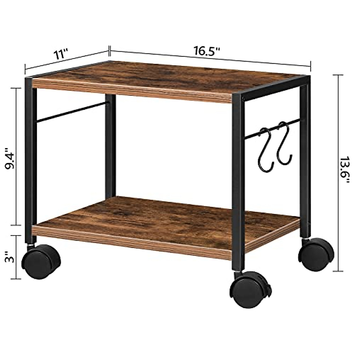 ALLOSWELL Mobile Printer Stand, 2-Tier Printer Cart with Storage, Under Desk Storage Rolling Cart on Wheels and 2 Hooks, Industrial Printer Table, for Home, Office, Scanner, Rustic Brown PTHR2001