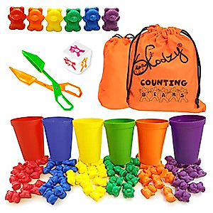 Skoolzy Rainbow Counting Bears with Matching Sorting Cups 68 Piece Set - Toddler Learning Toys Number Sorting Counting Color Recognition for Kids Age 3+ Includes Montessori Tongs 2 Skoolzy Bags eBook