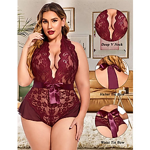 Avidlove Women's Plus Size Lace Babydoll Bodysuit One Piece Lingerie Sexy Halter Teddy Dark Red 18 Plus