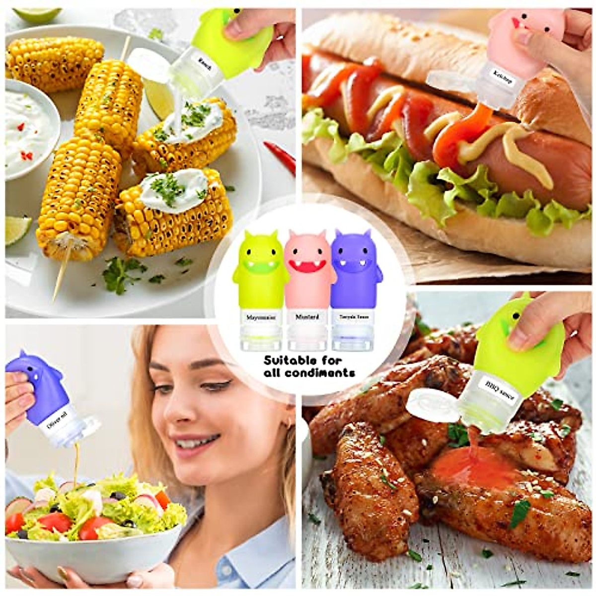 Meanplan 9 Pcs 6 Silicone Condiment Squeeze Bottles Squeeze Salad Dressing Bottles Portable Sauce Bottle Leak Proof Food Storage Bottles with Cleaning Brush Label Sticker Funnels for Lunch (Devil)