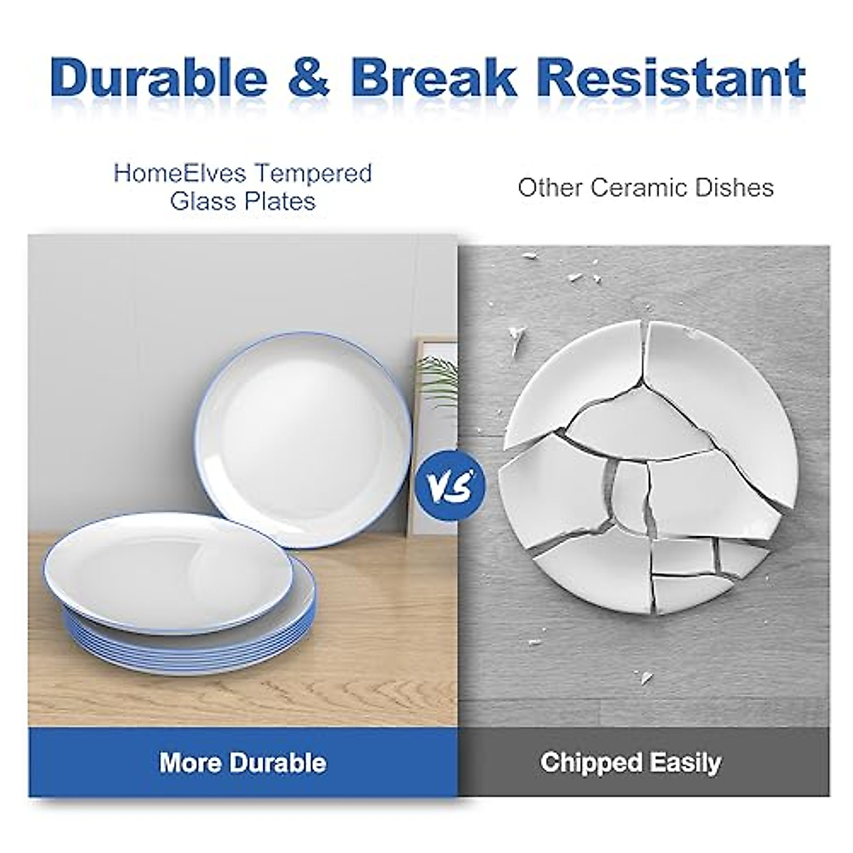 HomeElves Dinner Plates Set of 8, 10.5 inch Opal Glass Plate Set, Lightweight Kitchen White Plates, Break and Chip Resistant, Safety for Microwave & Dishwasher,Blue Rim