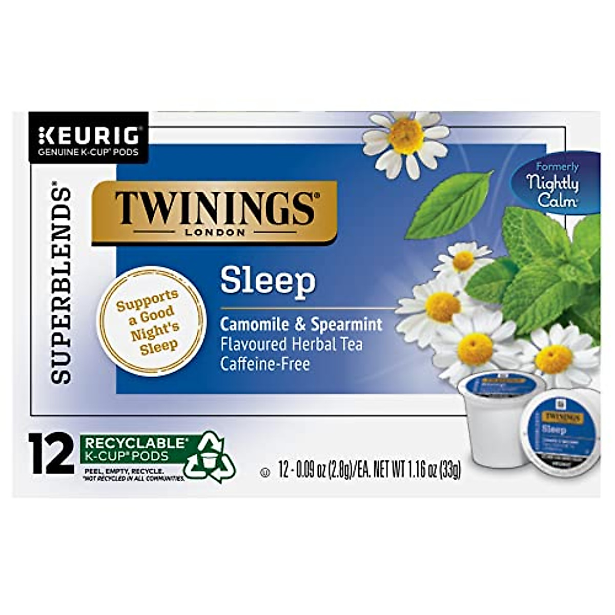 Twinings Nightly Calm Herbal Tea K-Cup Pods for Keurig - Sleep Tea, Bedtime Caffeine-Free Tea Blend, Soothing Chamomile, Relaxing Spearmint, Subtle Lemongrass Flavor, 12 Count (Pack of 2)