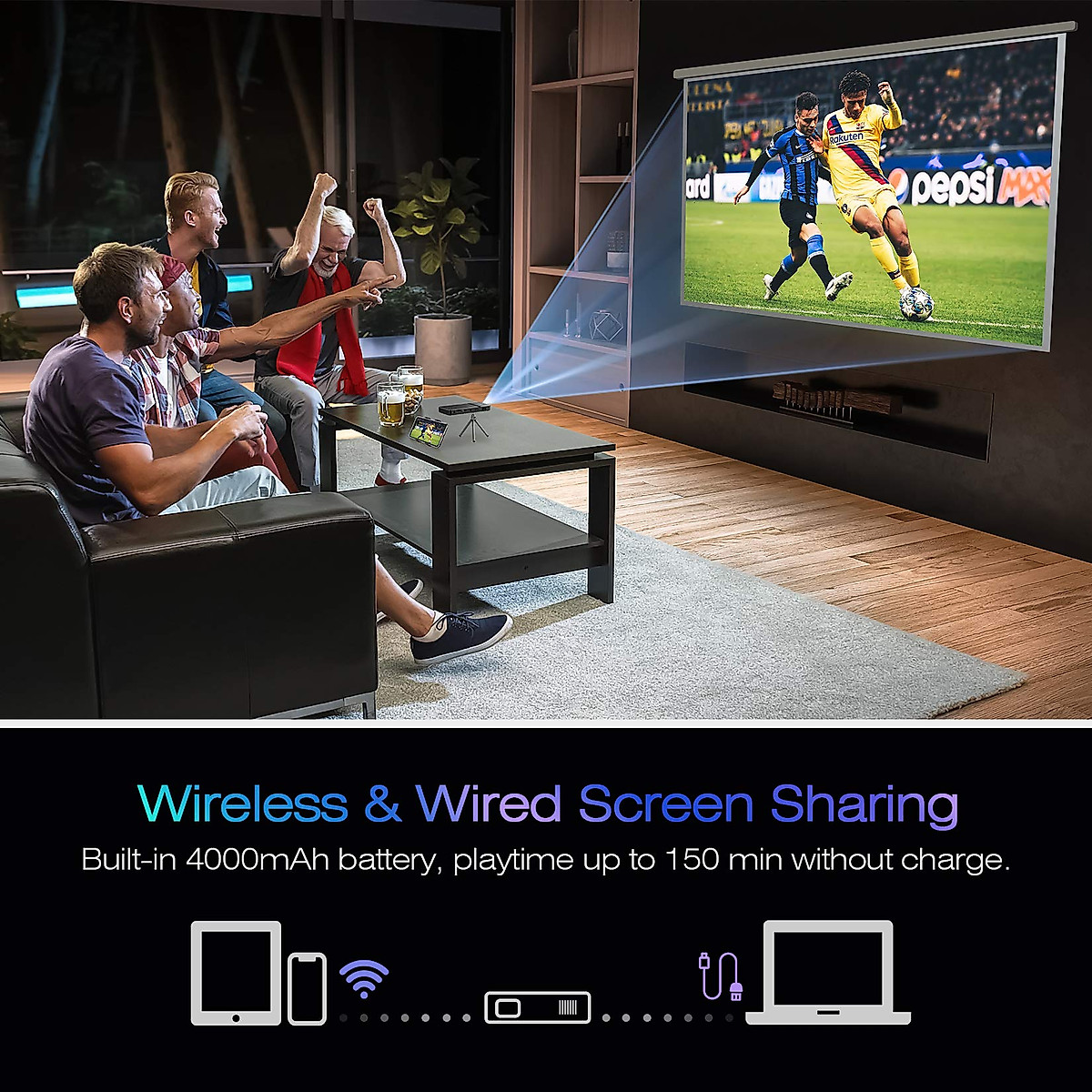 AKASO Mini Projector, Pocket-Sized DLP Portable Projector, 1080P Cookie Projector, Support HDMI WiFi Built-in Rechargeable Battery Stereo Speakers and Remote Control Movie Projector