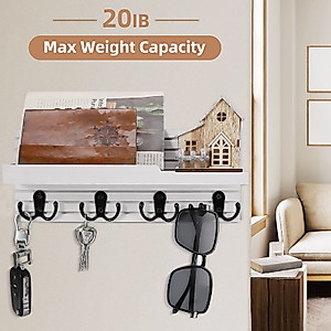 WeBravery Decorative Key Hanging Rack with 4 Double Hooks – Easy Install Natural Wooden Key and Mail Holder for Wall Mount – Entryway Decor Rack with Shelf (White)