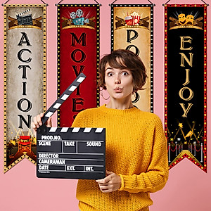 Blulu 4 Pcs Movie Night Porch Sign Now Showing Banner Movie Theme Paty Decoration Movie Vintage Theater Popcorn Enjoy Action Movies Hanging Porch Sign for Home Film Backdrop Party Supply