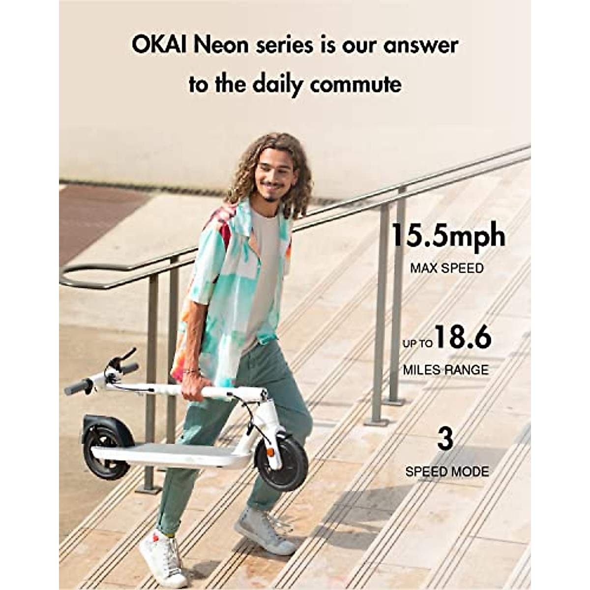 OKAI Neon Lite Electric Scooter - Up to 15.5 MPH, 18.6 Miles Long Range, E Scooter for Adults and Beginners, Lightweight Commuter Scooter with Ambient Light, UL Tested